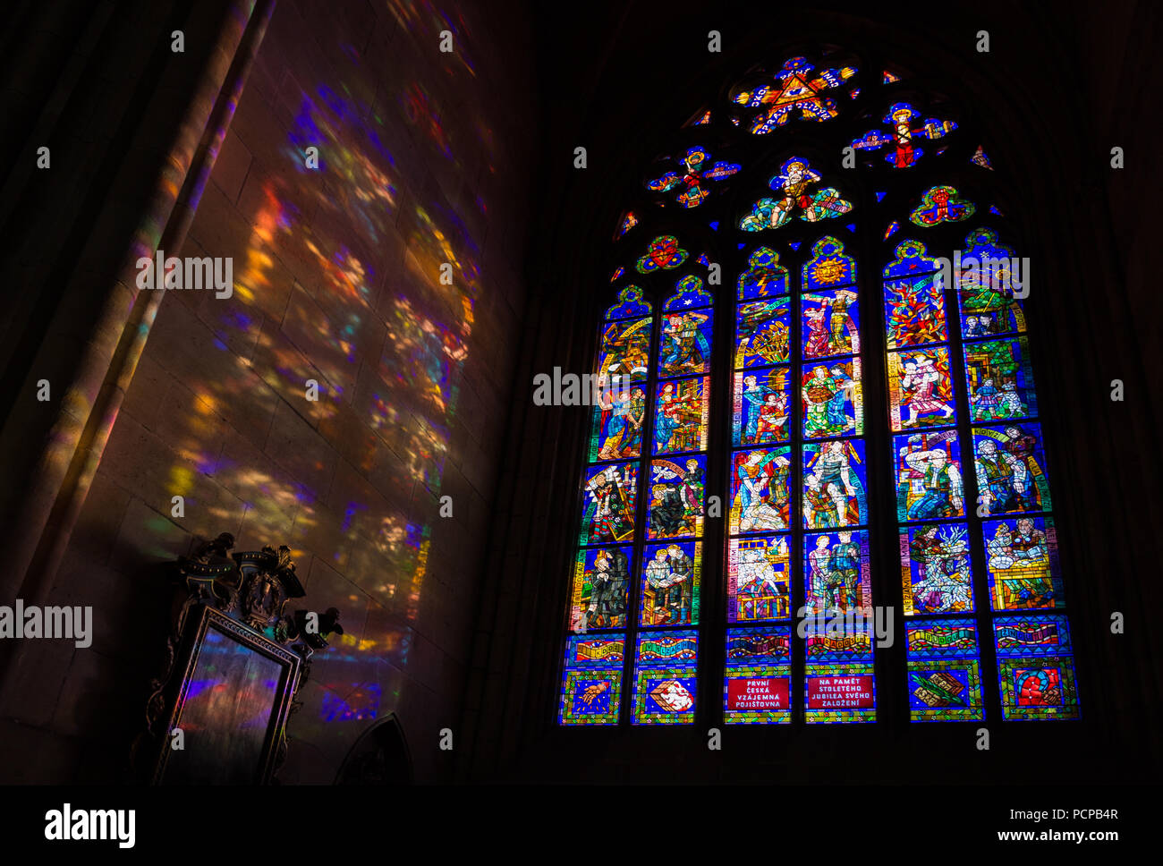 Mucha window and colourful light patterns, St Vitus Cathedral, Prague ...