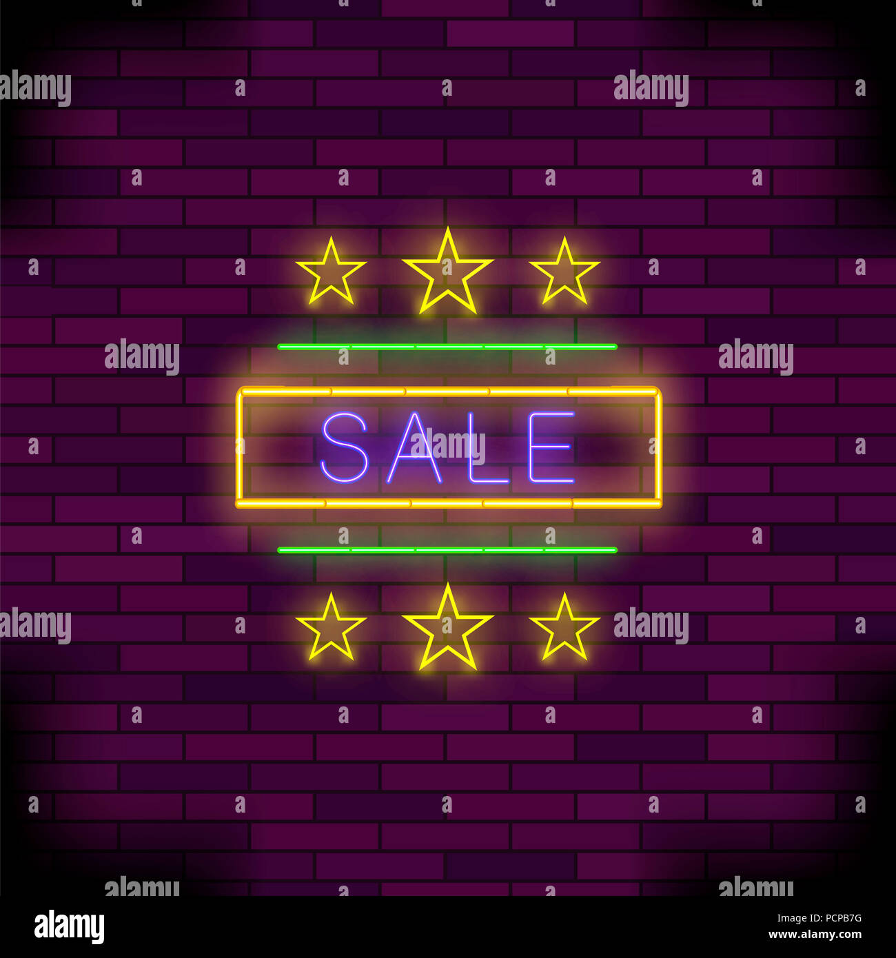 Yellow Neon Sale Sign with Round Frame and Stars on Brick Background ...