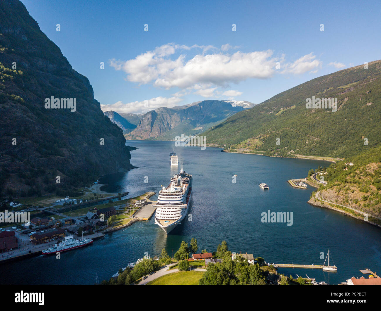 Aerial view of Flam tourist village and Aurlandsfjorden in Norway Stock ...
