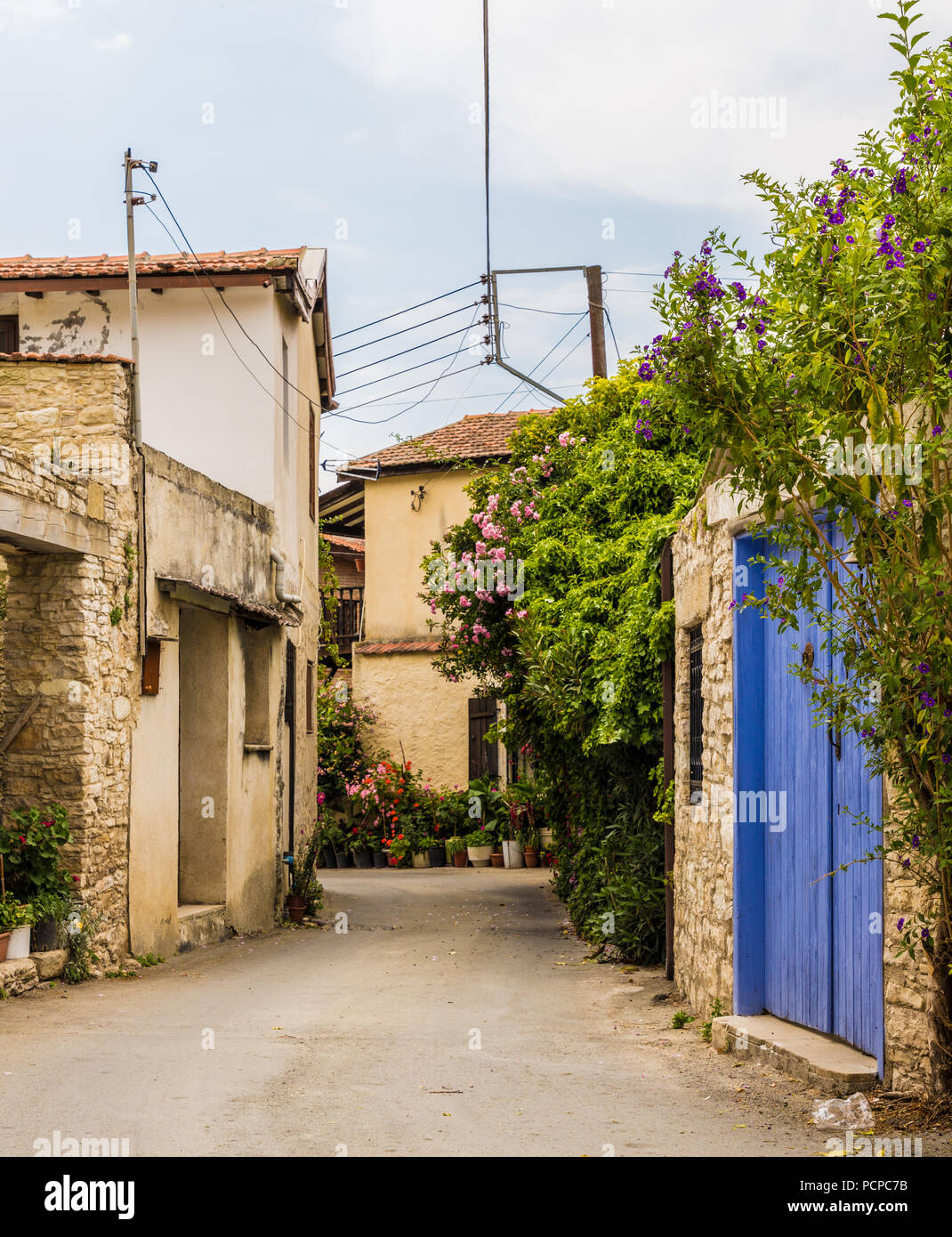 Lania, Cyprus. May 2018. A typical view of the picturesque streets in ...