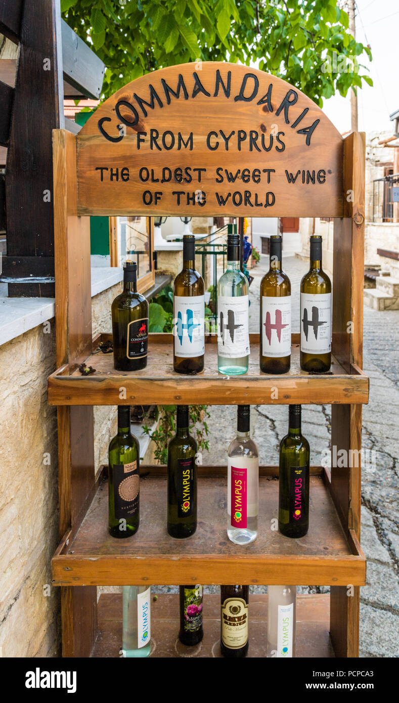 Omodos, Cyprus. May 2018. A stand selling local sweet wine in the ...