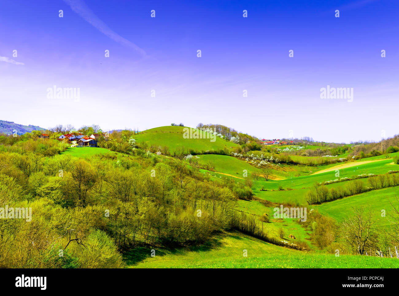 Farm on the top of the hill. Large panorama. Village landscape, Serbia ...