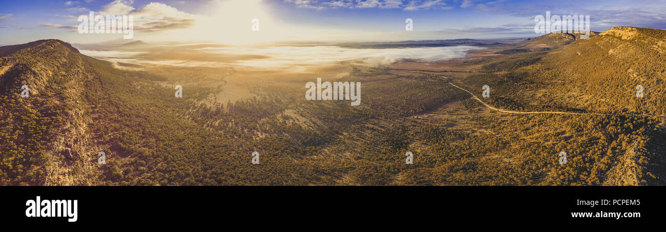 Large aerial panorama of Flinders Ranges in South Australia at sunrise ...