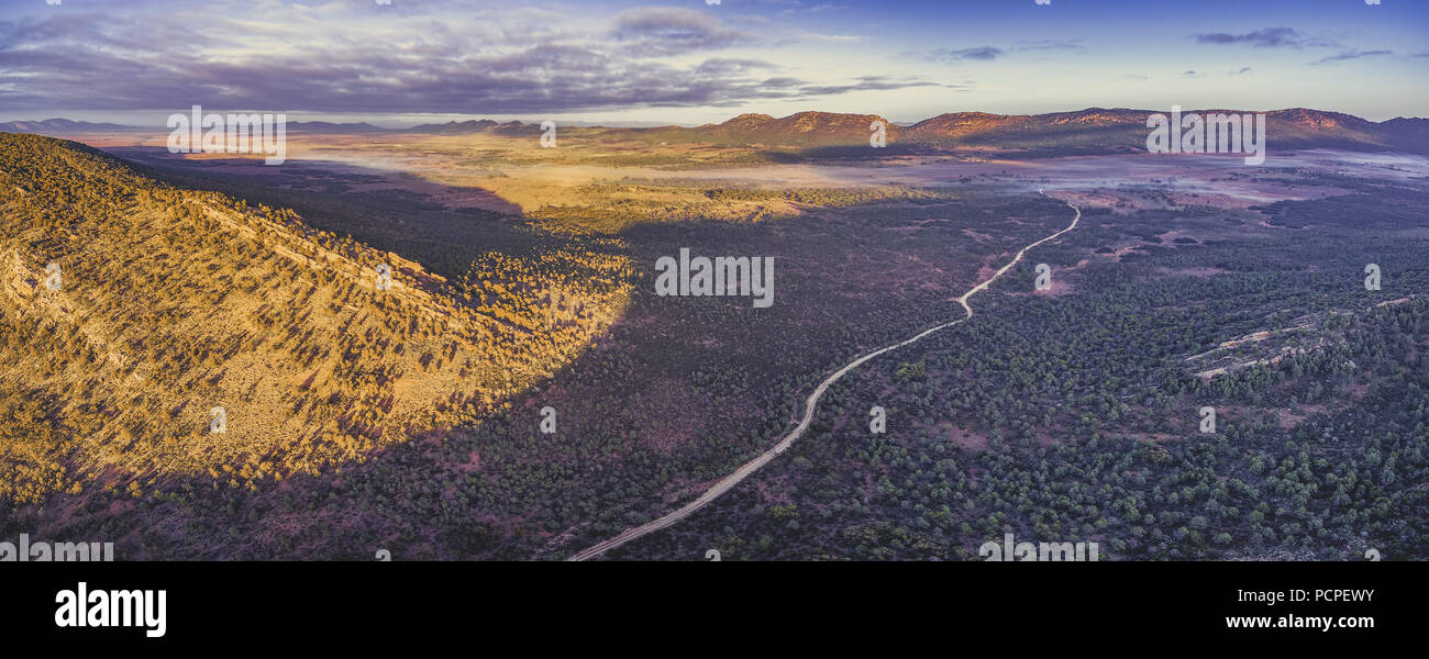 Aerial panoramic landscape of gravel road passing through Flinders ...