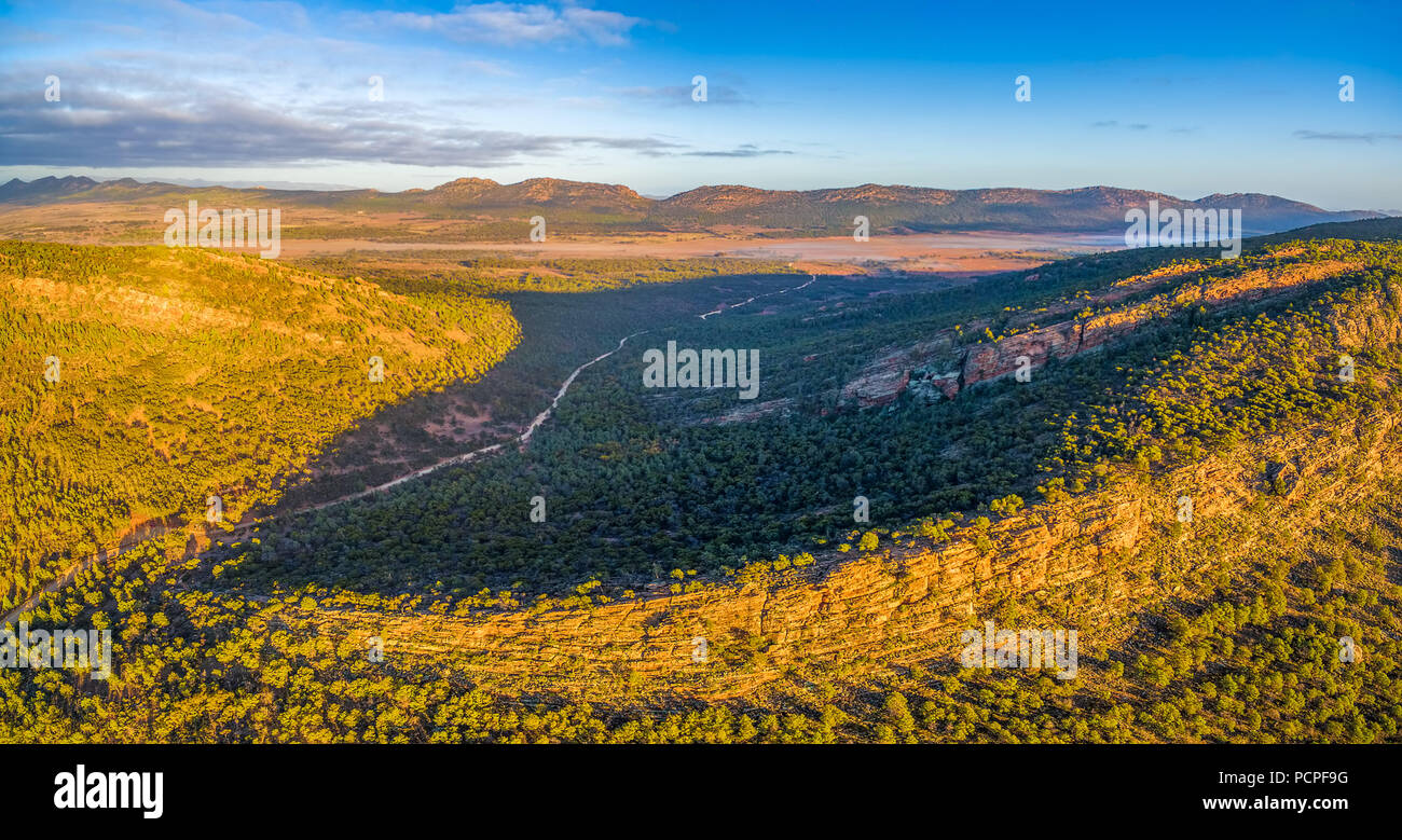Aerial panorama of South Australian outback at sunset. Hawker, Flinders ...