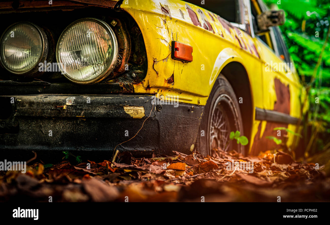 Old wrecked car in vintage style. Abandoned rusty yellow car in the ...