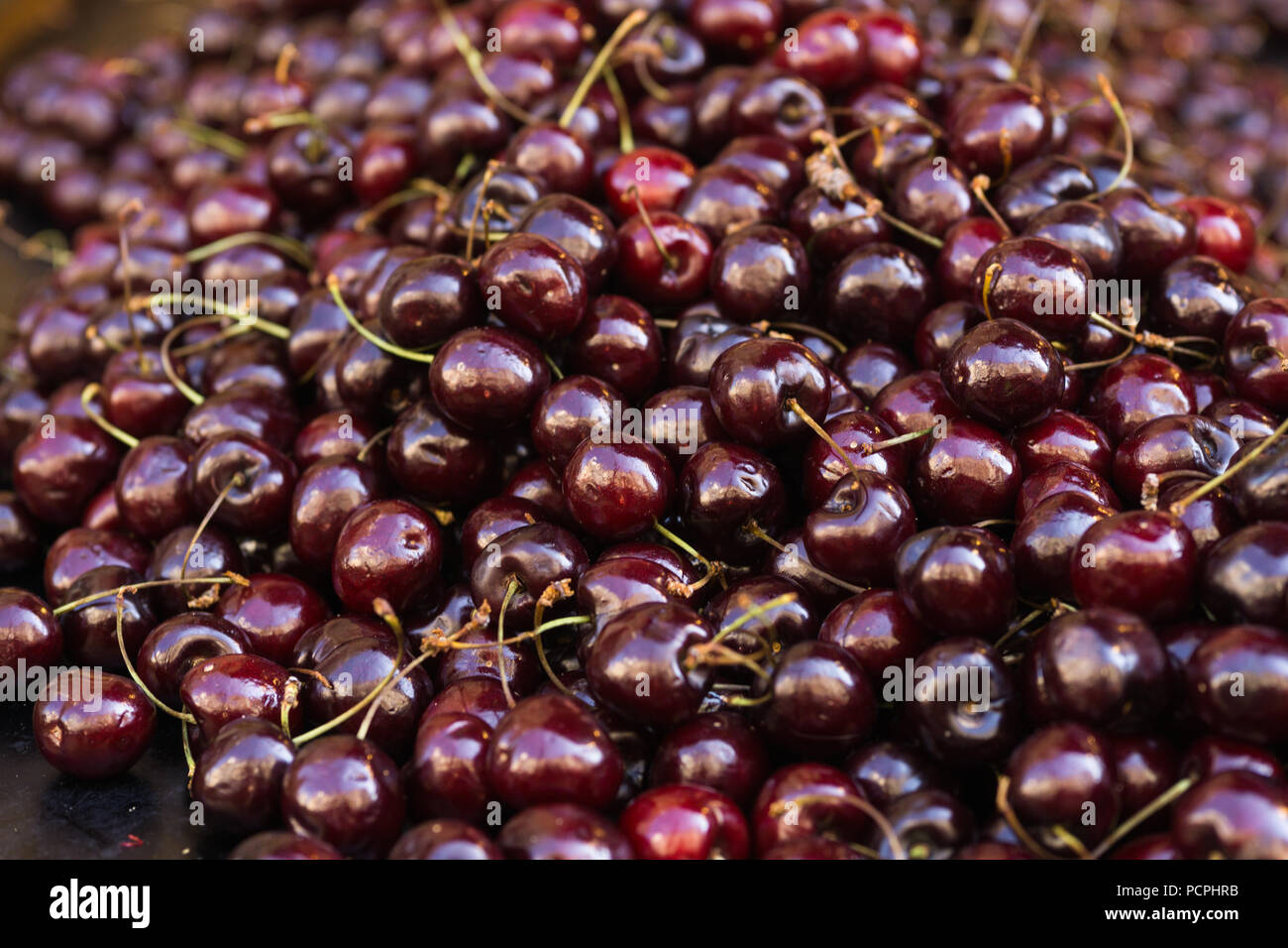 Cherry fruit - Close up of cheeries (Prunus cerasus) sold in a farmers ...
