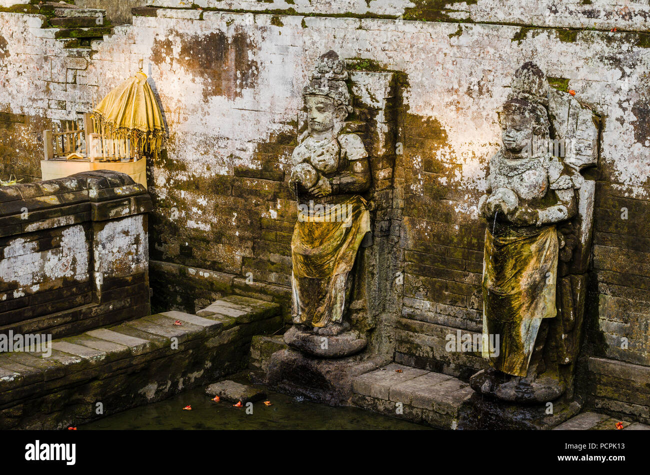 Main sacred pool with human figures carved in stone in Goa Gajah hindu ...