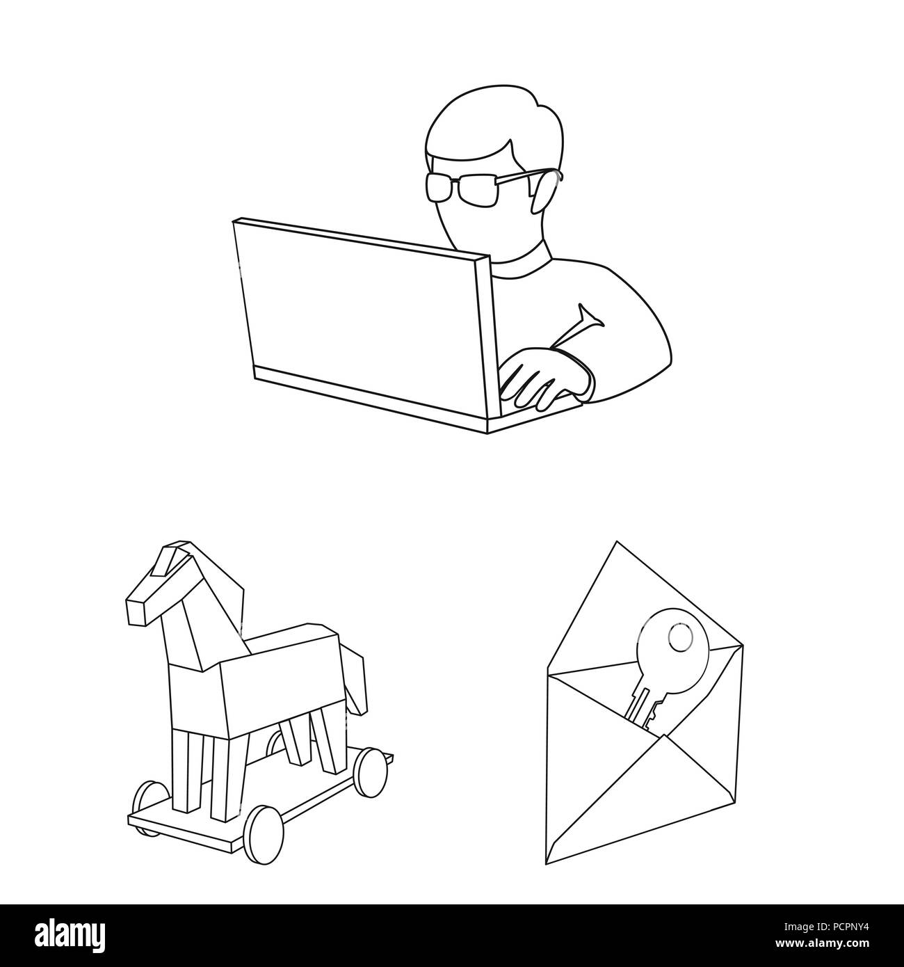 Hacker and hacking outline icons in set collection for design. Hacker and equipment vector ...