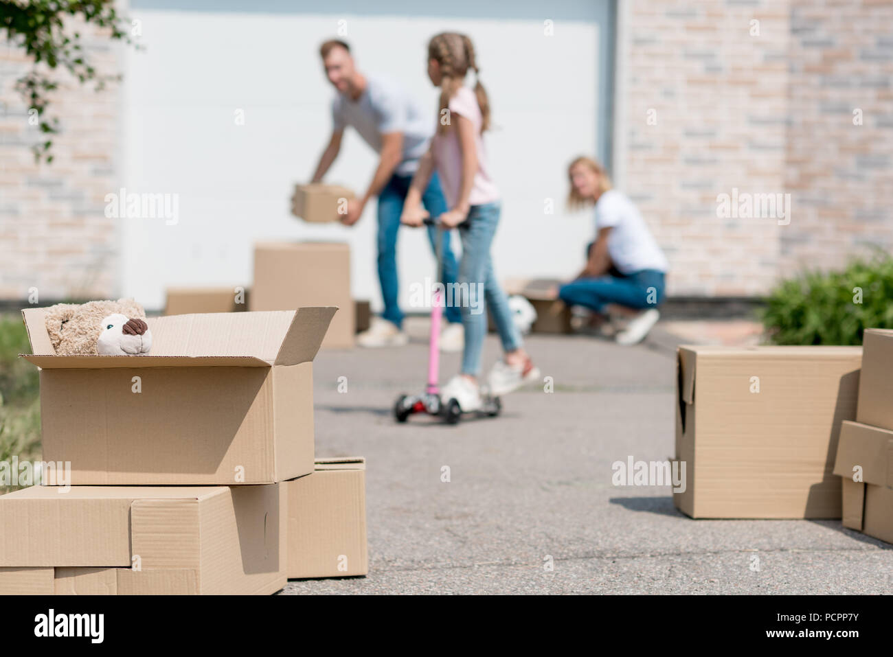 close up view of teddy bear in box and couple unpacking cardboard boxes ...