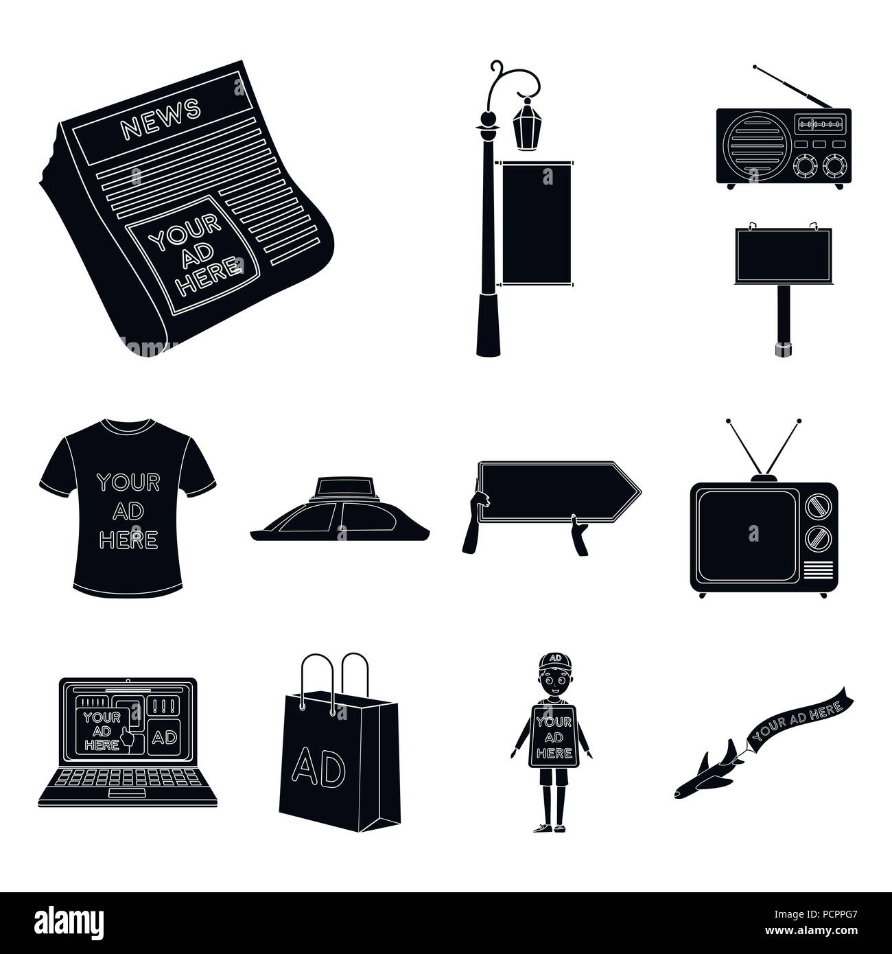 Production of advertising black icons in set collection for design ...