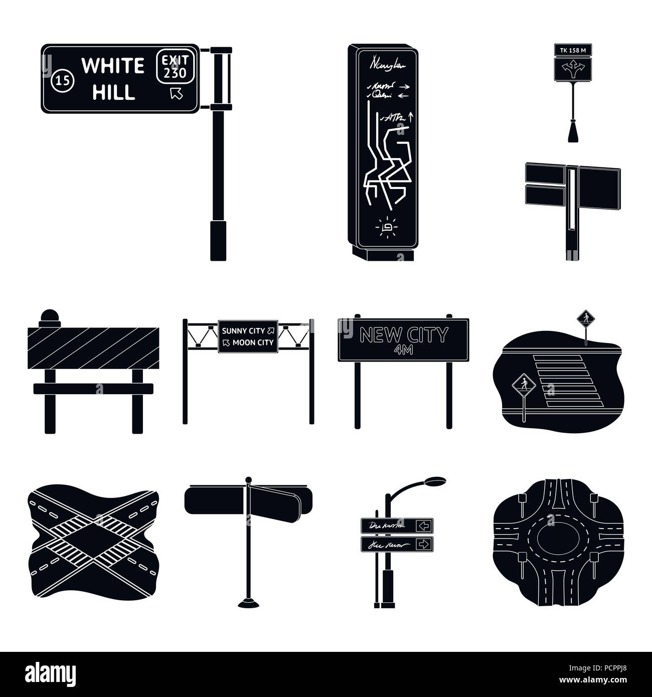 Road junctions and signs black icons in set collection for design ...
