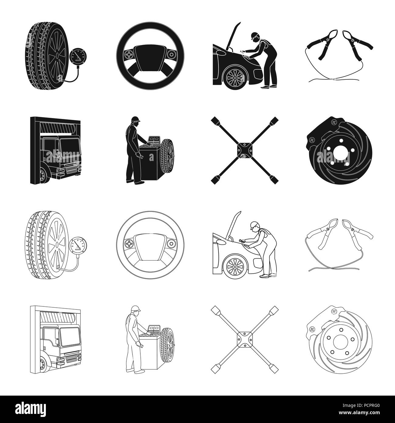 Wheel balancing, spanner and brake disc black,outline icons in set ...
