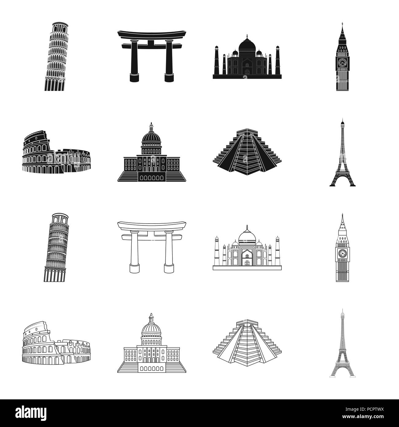 Sights of different countries black,outline icons in set collection for ...