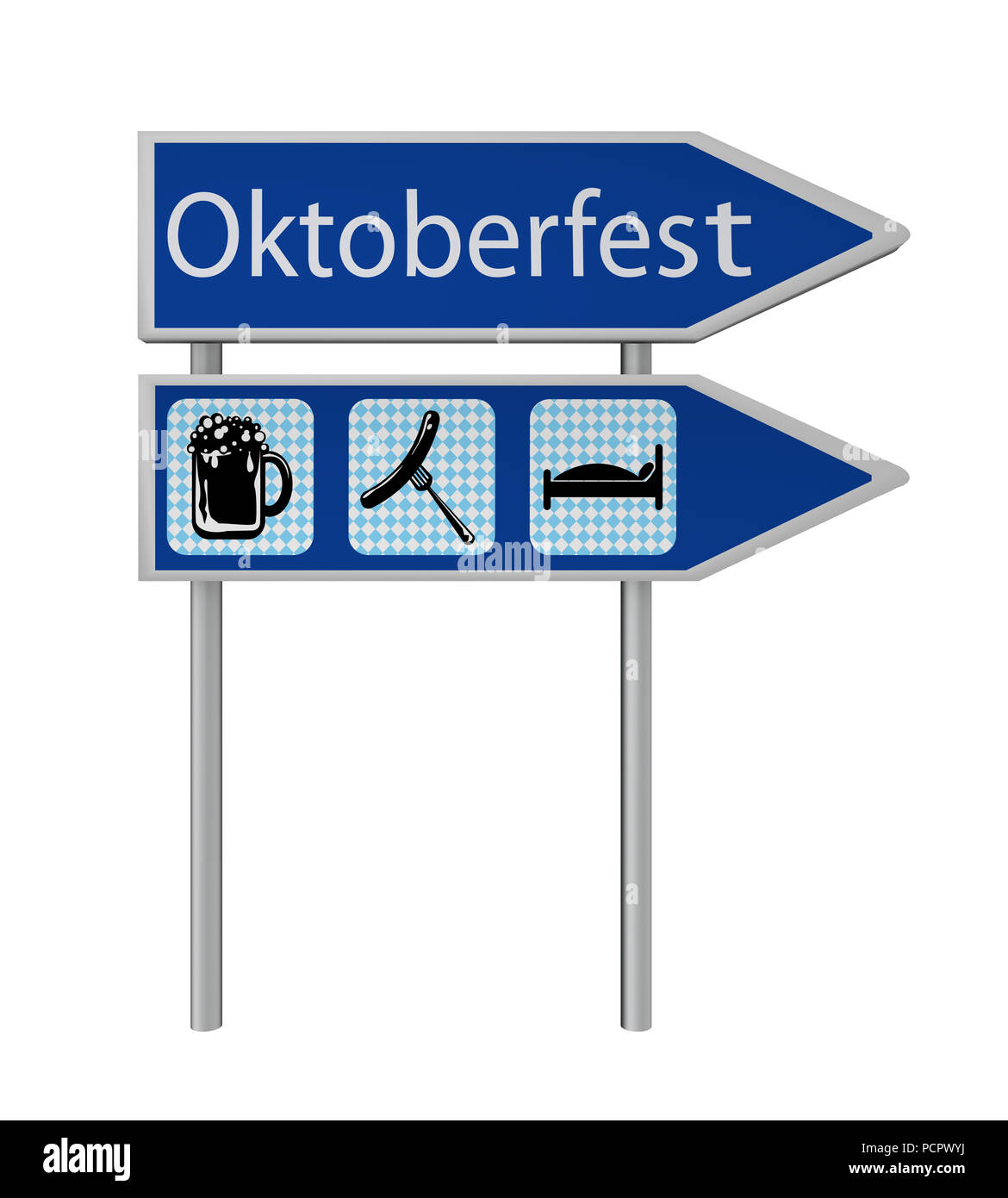 Arrow sign with the symbols beer, bratwurst and bed in blue-white check ...