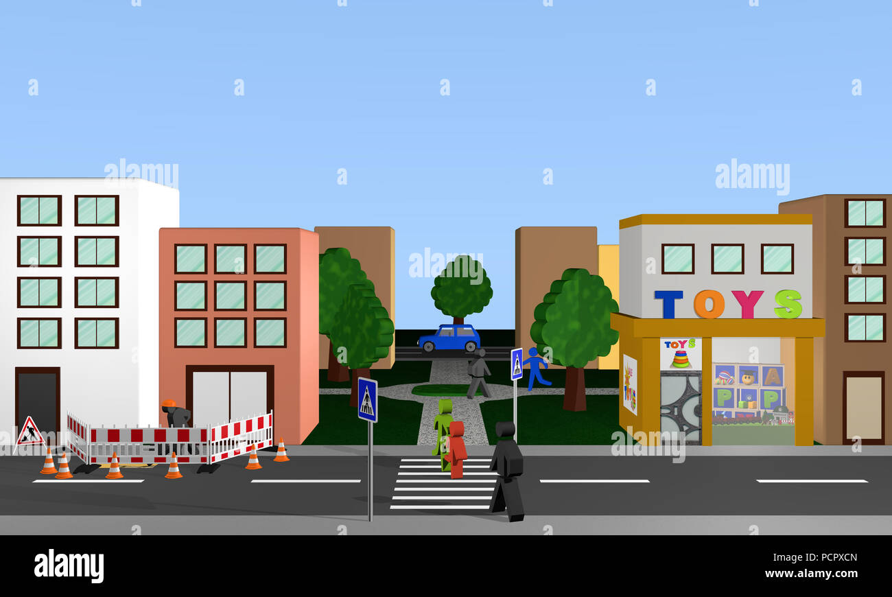 City view from the front with a pedestrian crossing. 3d rendering Stock ...