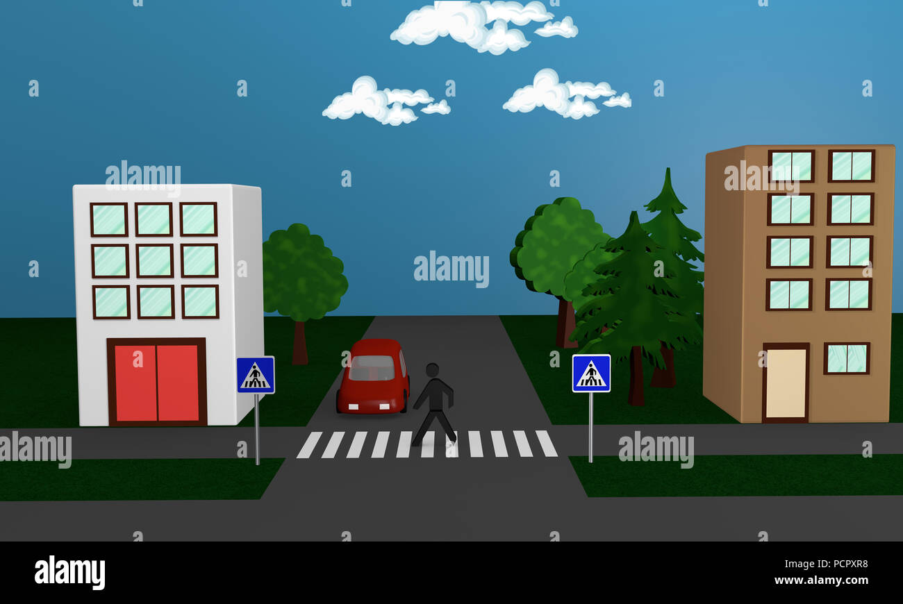 Road image with a pedestrian crossing a road. Front view. 3d rendering ...