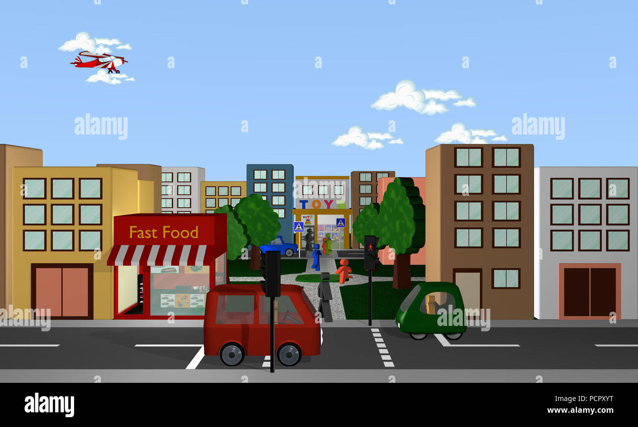 City view from the front with driving cars, pedestrians, shops and park ...