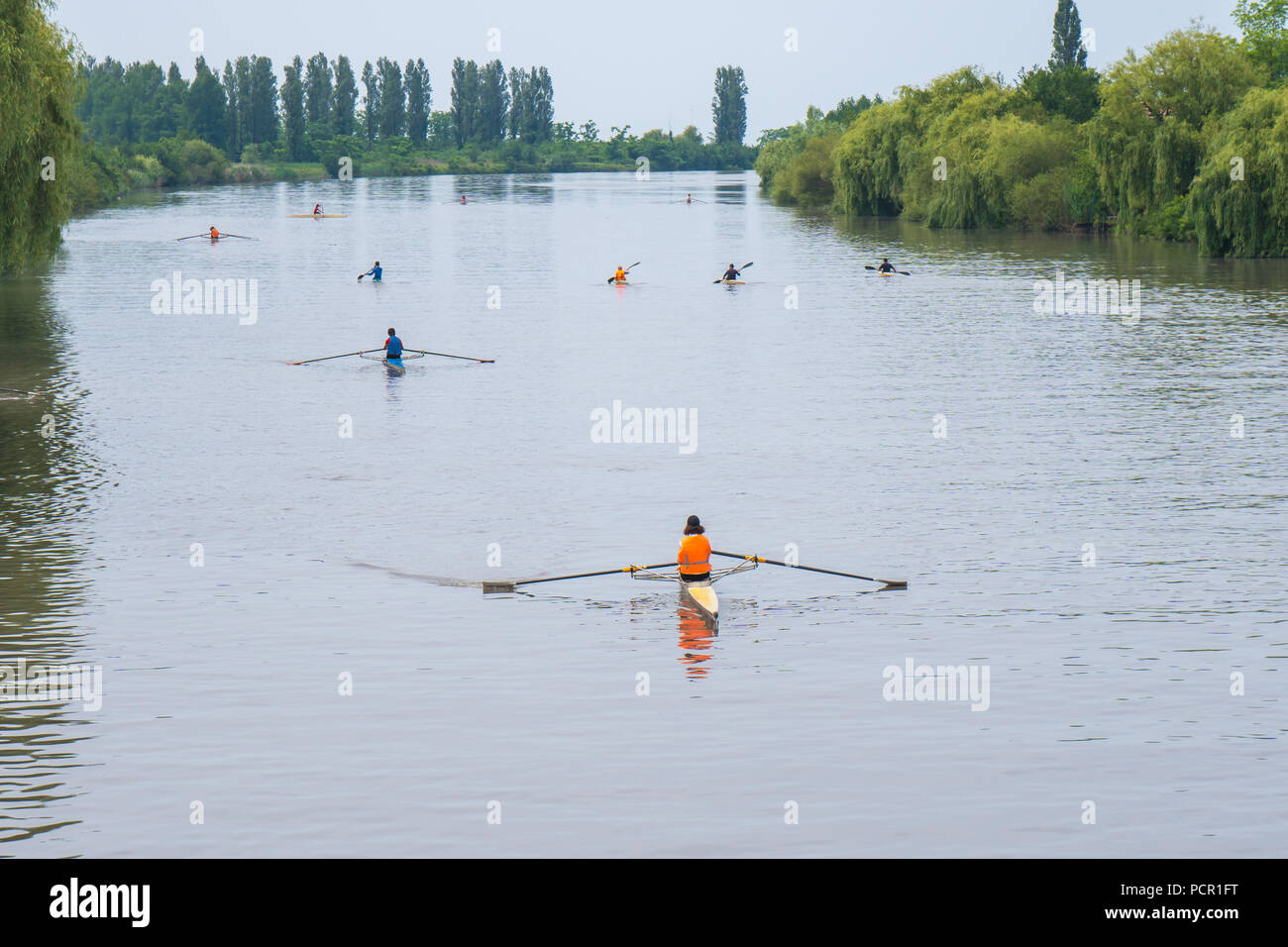 Young sportsmen in a boat, rowing on the river Rioni, Poti, Georgia ...
