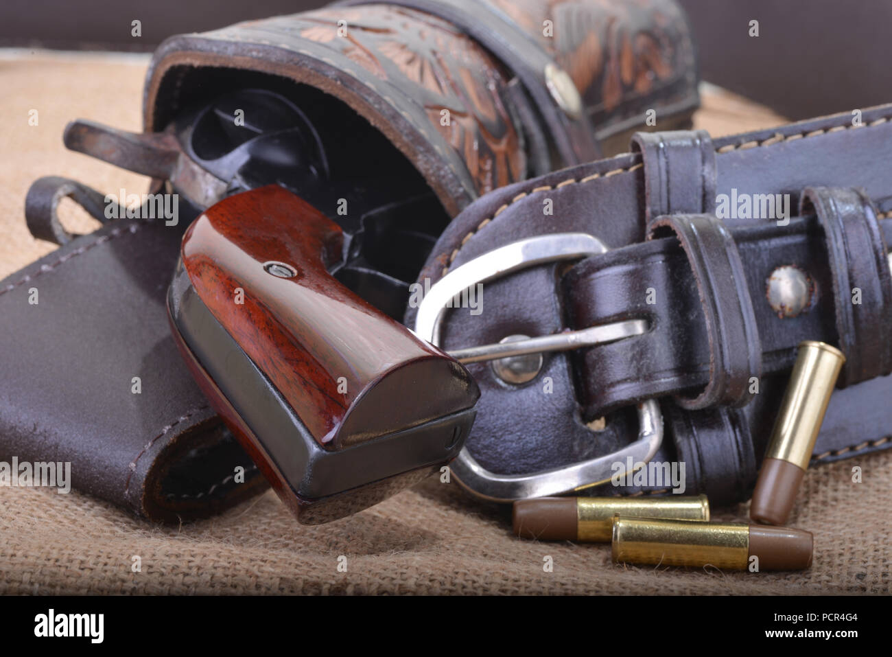Close up of a western six shooter revolver with Gun Belt, holster and ...