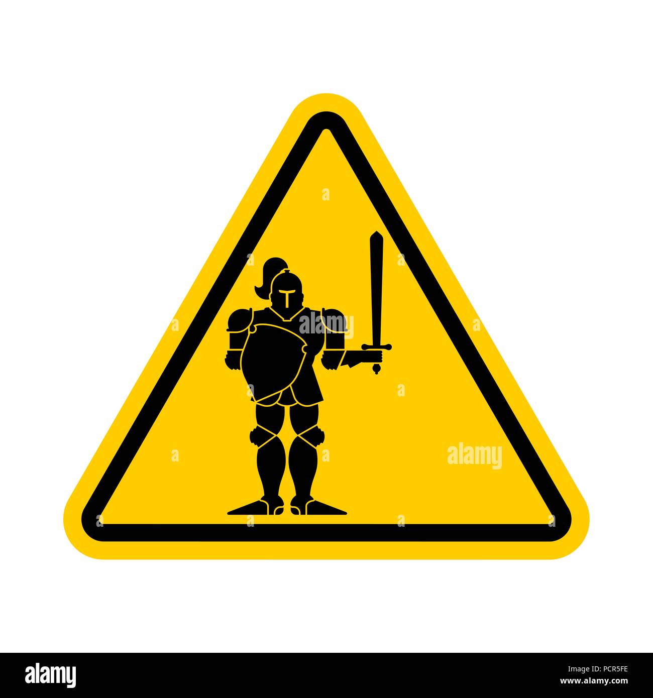 Attention Knight . Danger warrior medieval. Yellow Caution road sign ...