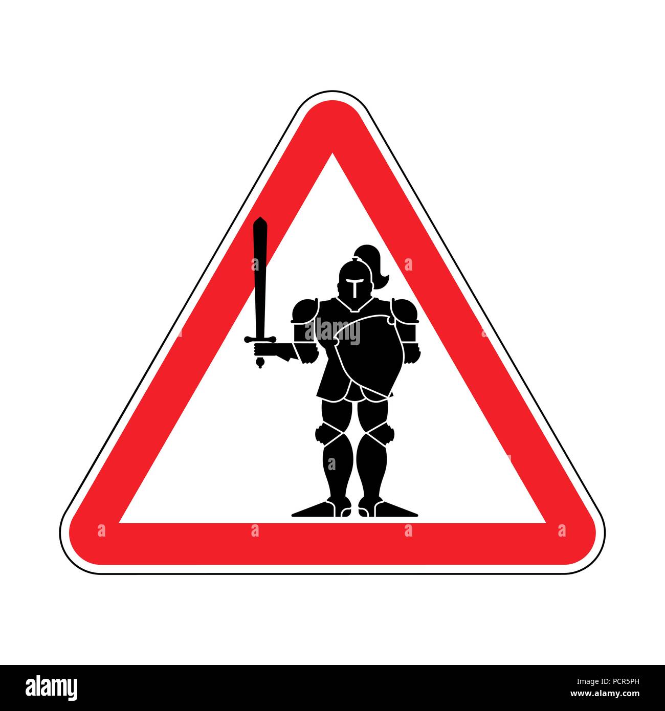 Attention Knight . Danger warrior medieval. Red Caution road sign ...
