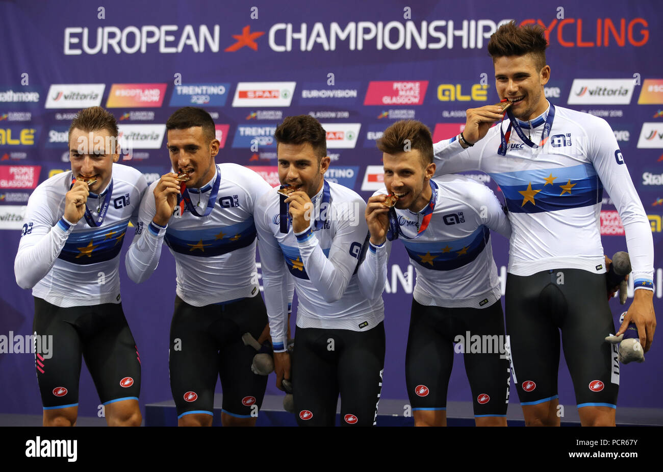 Italy's Elia Viviani, Liam Bertazzo, Francesco Lamon, Michele Scartezzini and Filippo Ganna ...
