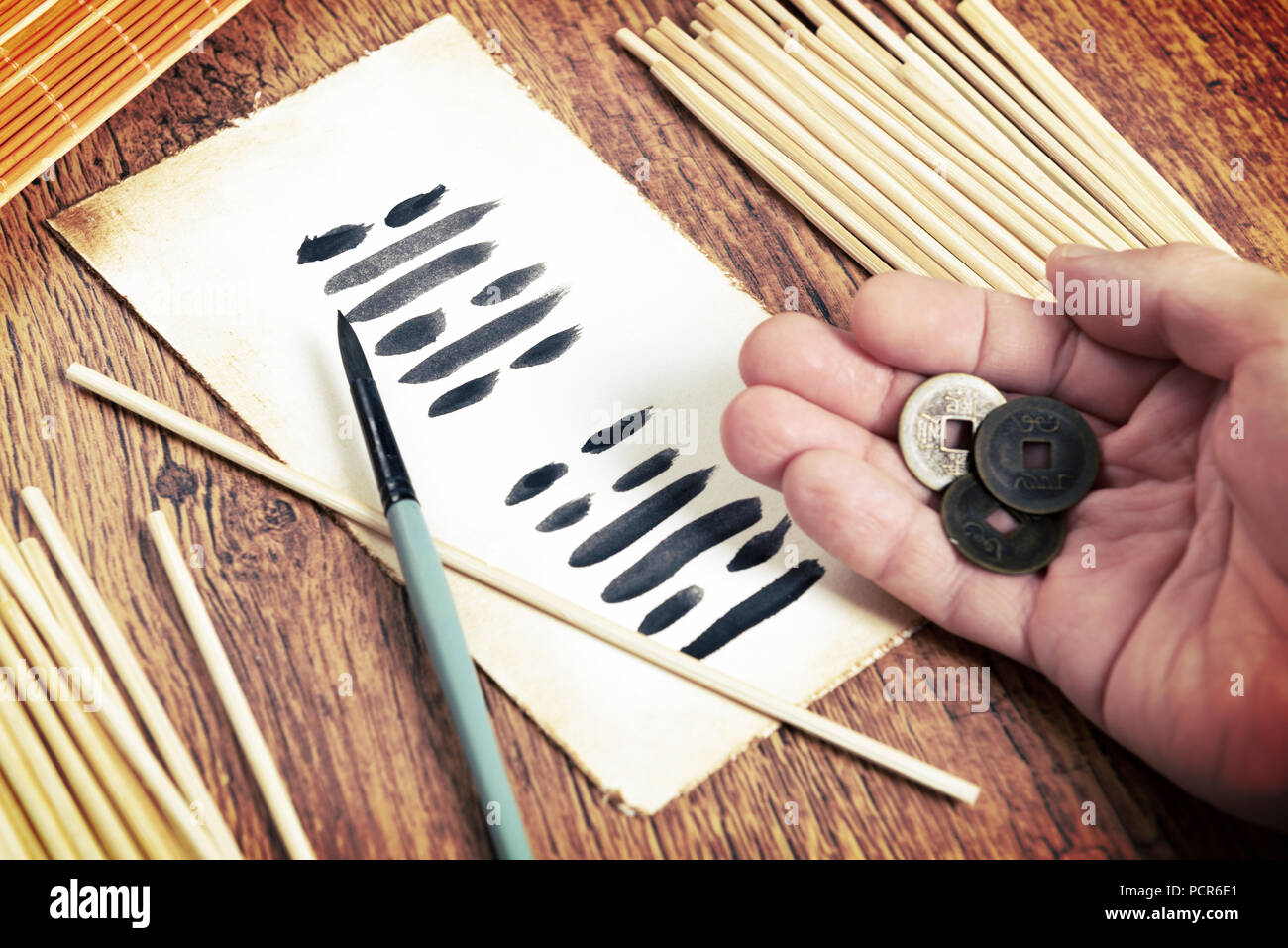 I ching ancient Chinese oracle with Yijing hexagram, old coins and ...