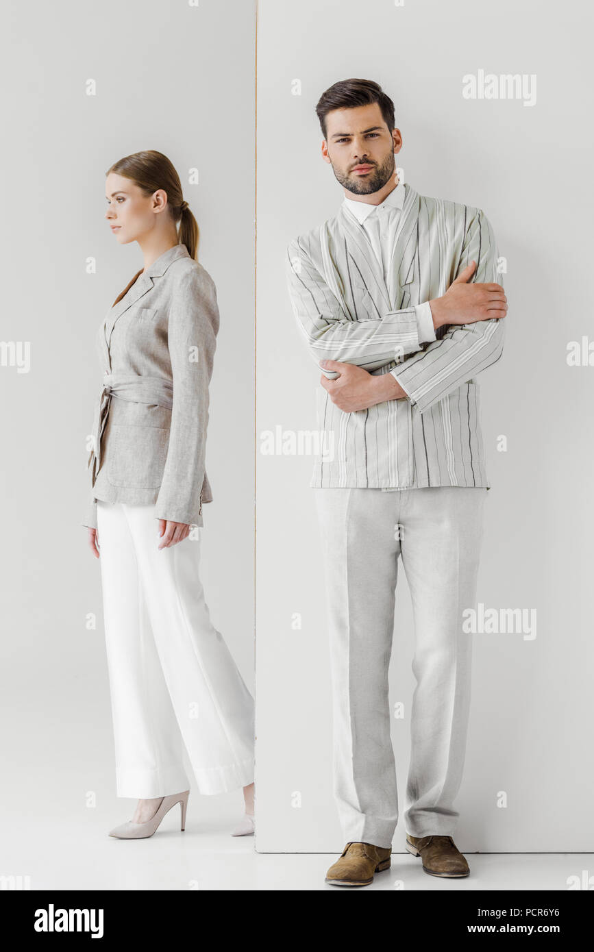 male and female models in stylish vintage clothes on white Stock Photo ...