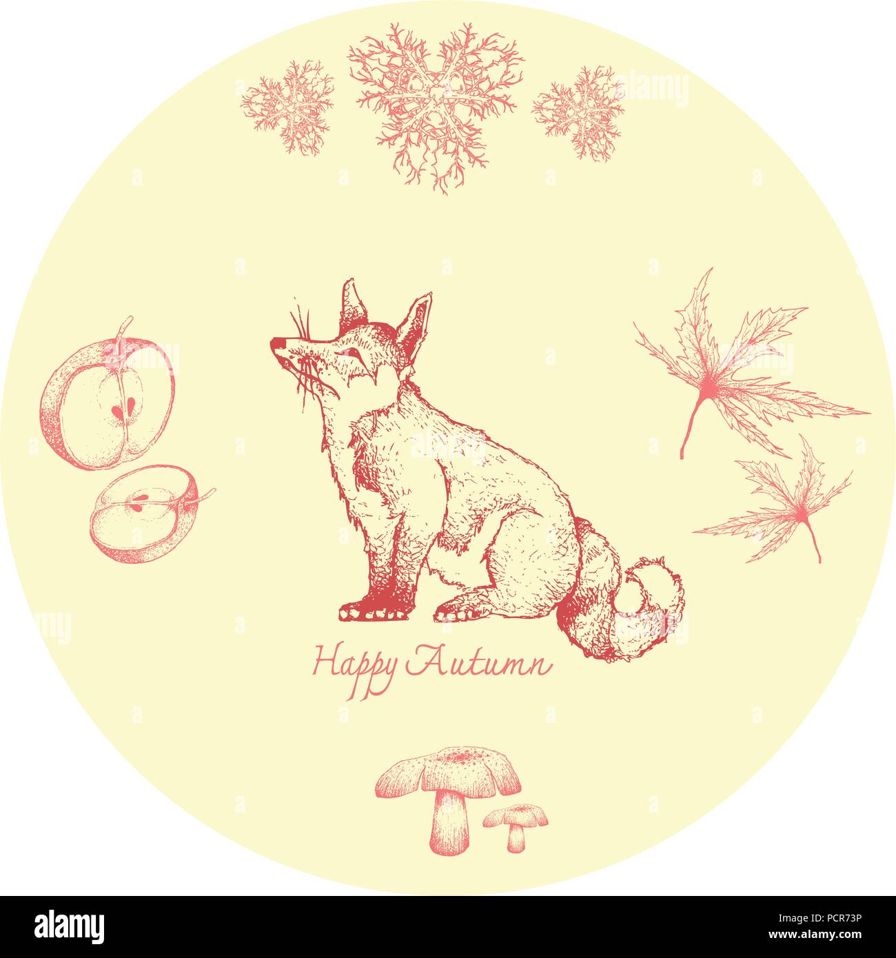 Autumn Animal, Illustration Hand Drawn of Fox with Pine Leaves, Maple ...