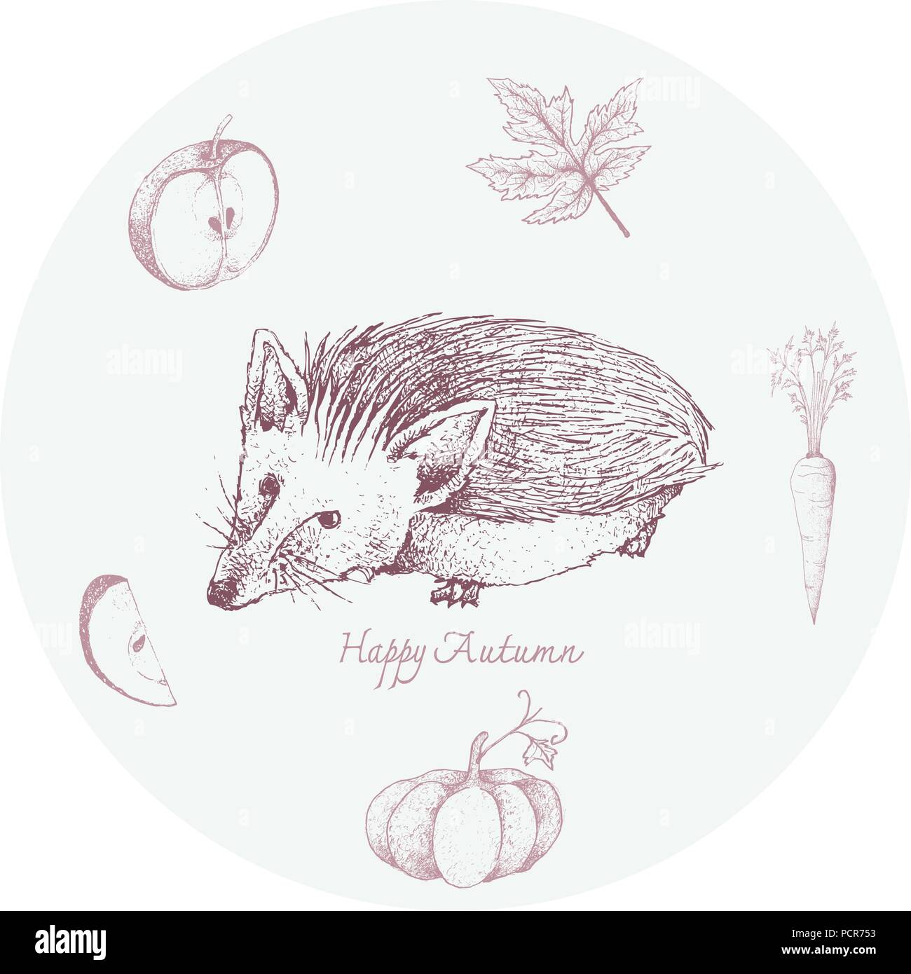 Autumn Animal, Illustration Hand Drawn of Hedgehog with Maple Leaf ...