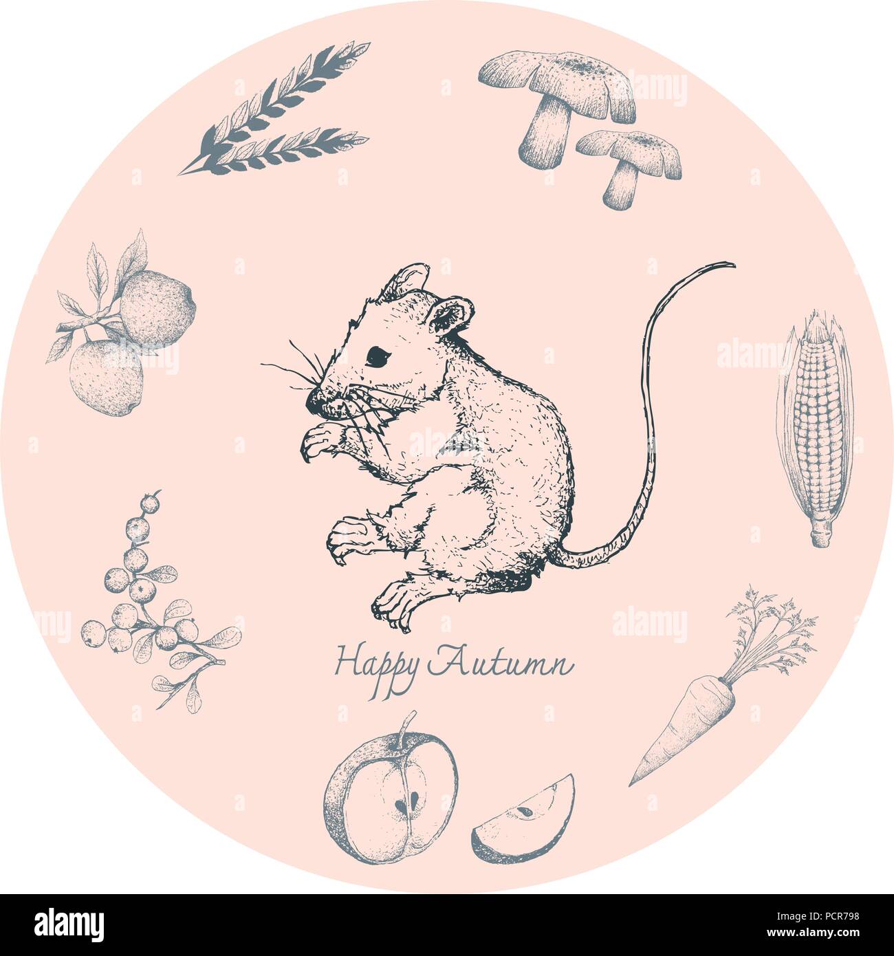 Autumn Animal, Illustration Hand Drawn of Field Mice with Mushroom ...