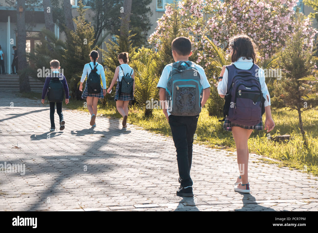 Group of kids going to school, education Stock Photo - Alamy
