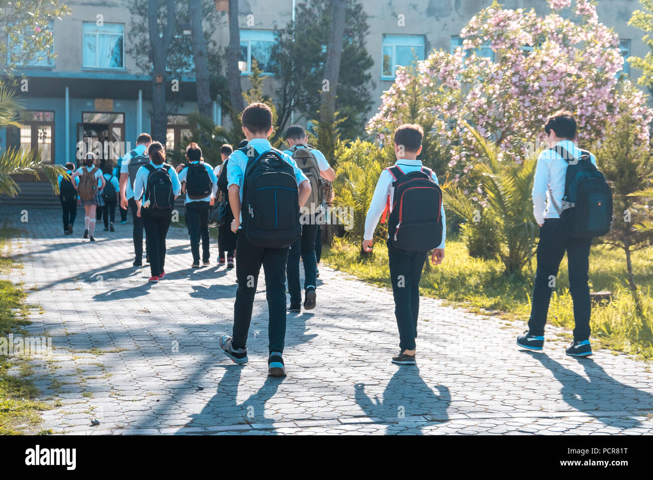Group of kids going to school, education Stock Photo - Alamy