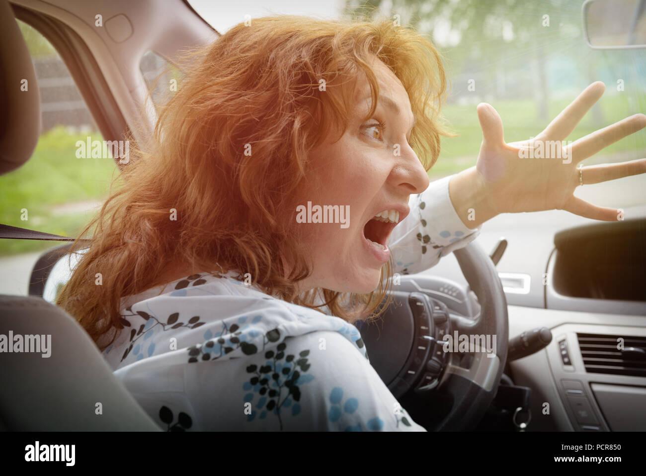 Angry woman driver screaming and gesturing while driving a car ...