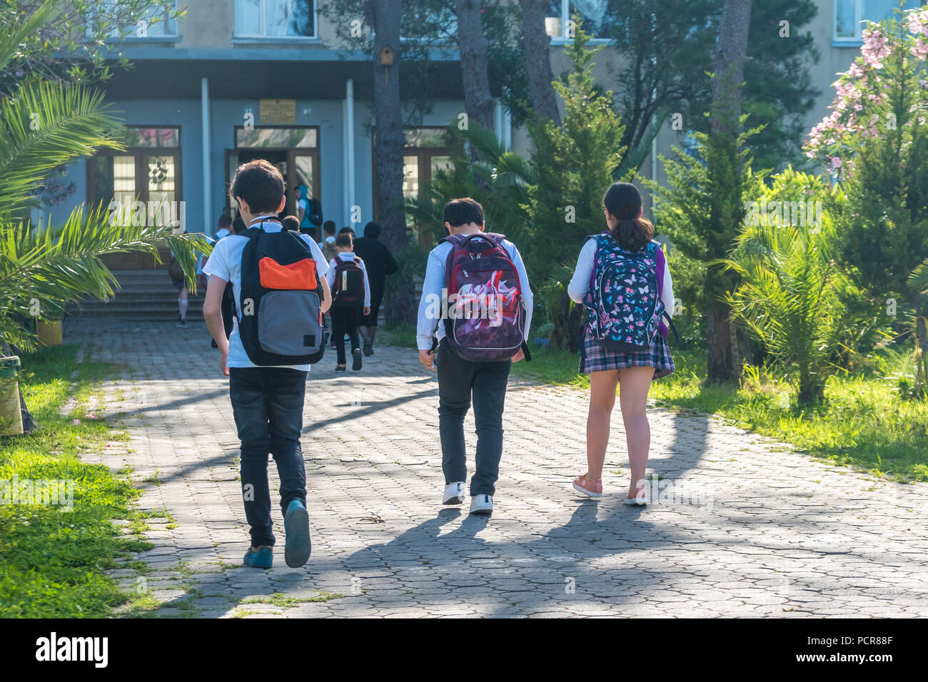Group of kids going to school, education Stock Photo - Alamy