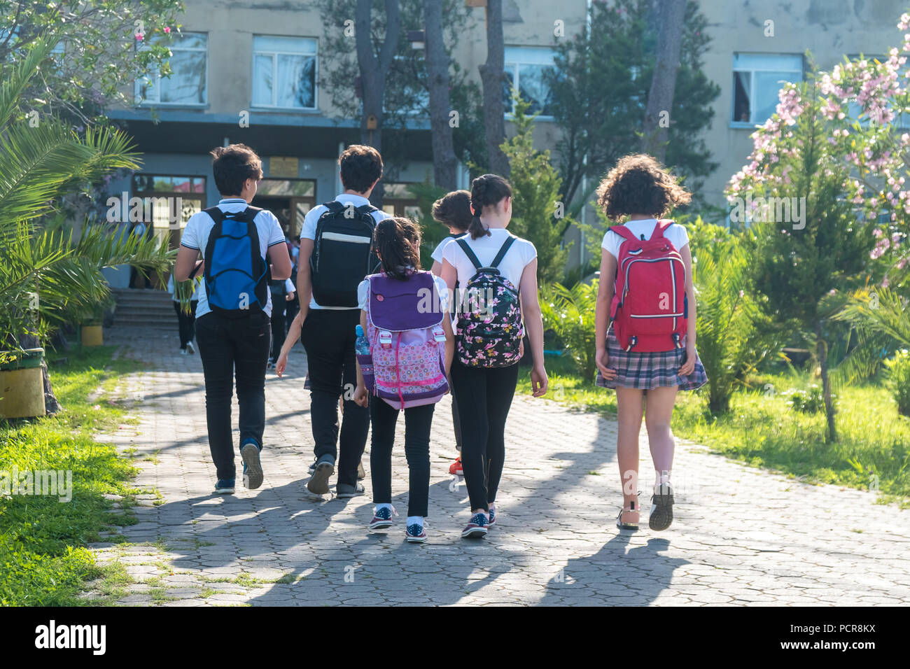 Group of kids going to school, education Stock Photo - Alamy