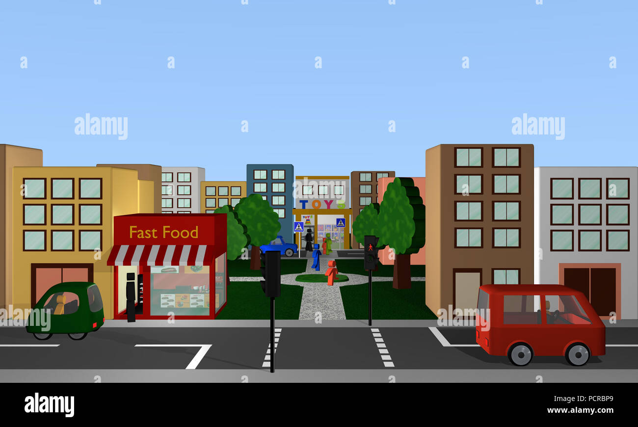 Street scene with driving cars, pedestrians, shops and park. 3d ...