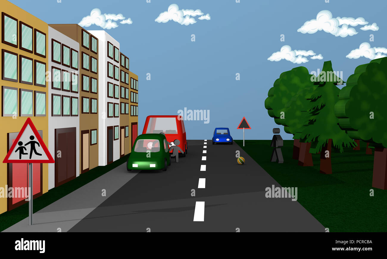 Street scene in the kids running between cars through a ball after ...