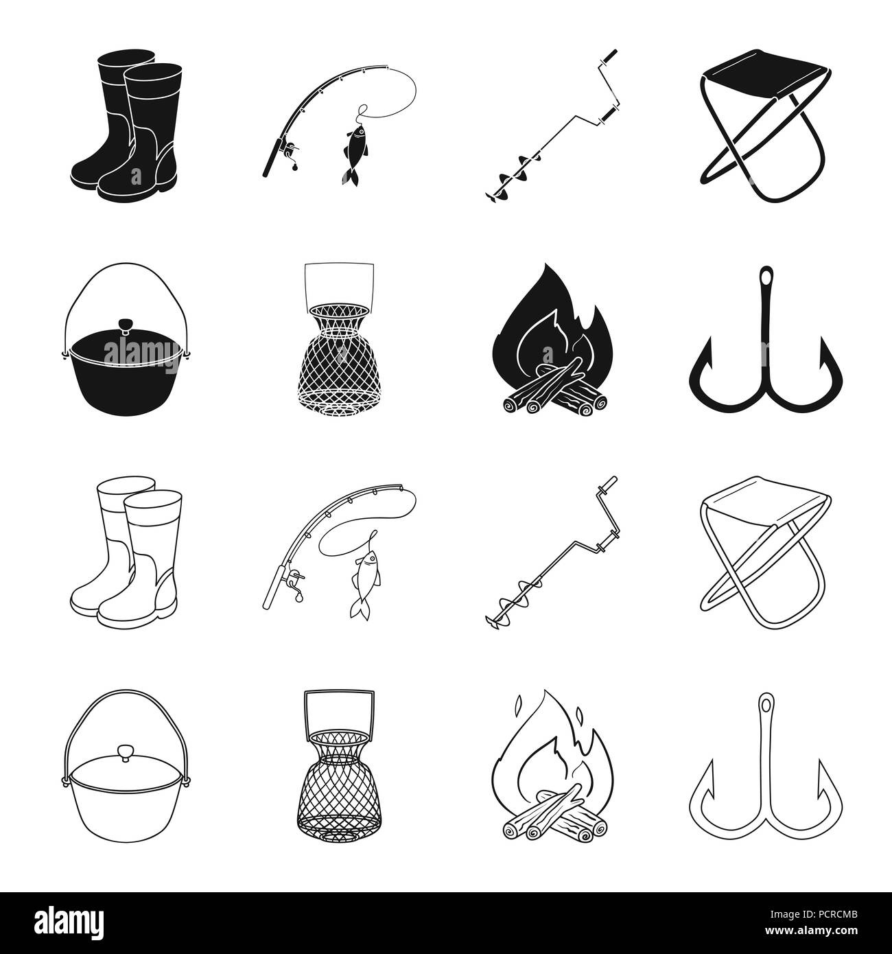 Catch, hook, mesh, caster .Fishing set collection icons in black ...