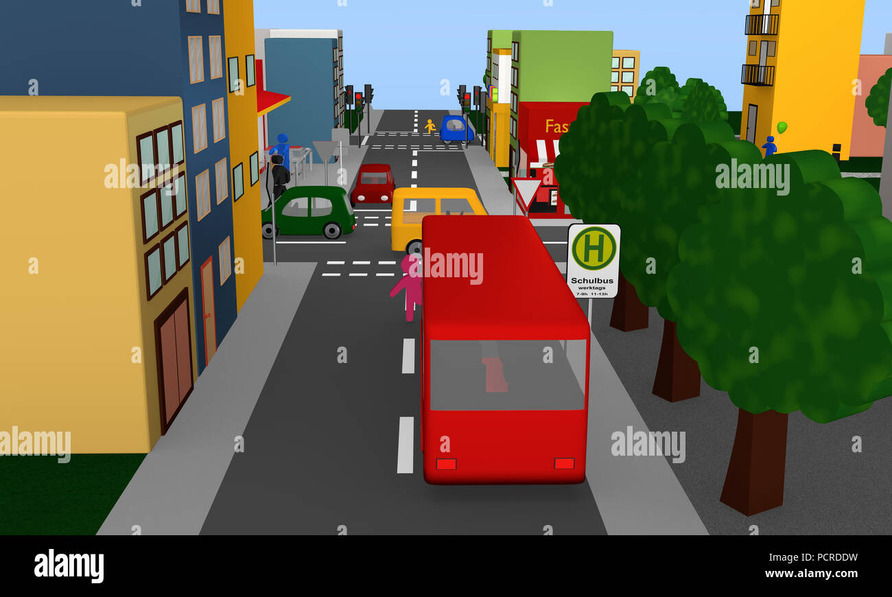 Dangerous situation around a stop for a school bus with bus and child ...