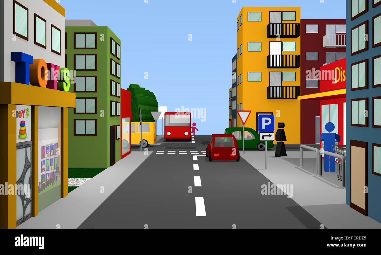 Street scene, with right of way grant intersection, parking sign, bus ...