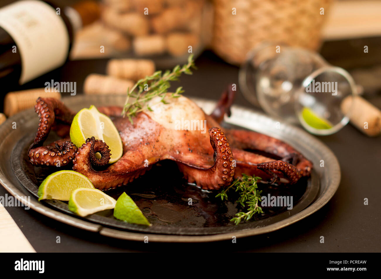Octopus and wine, traditional Italian cuisine. Tasty food. Seafood ...
