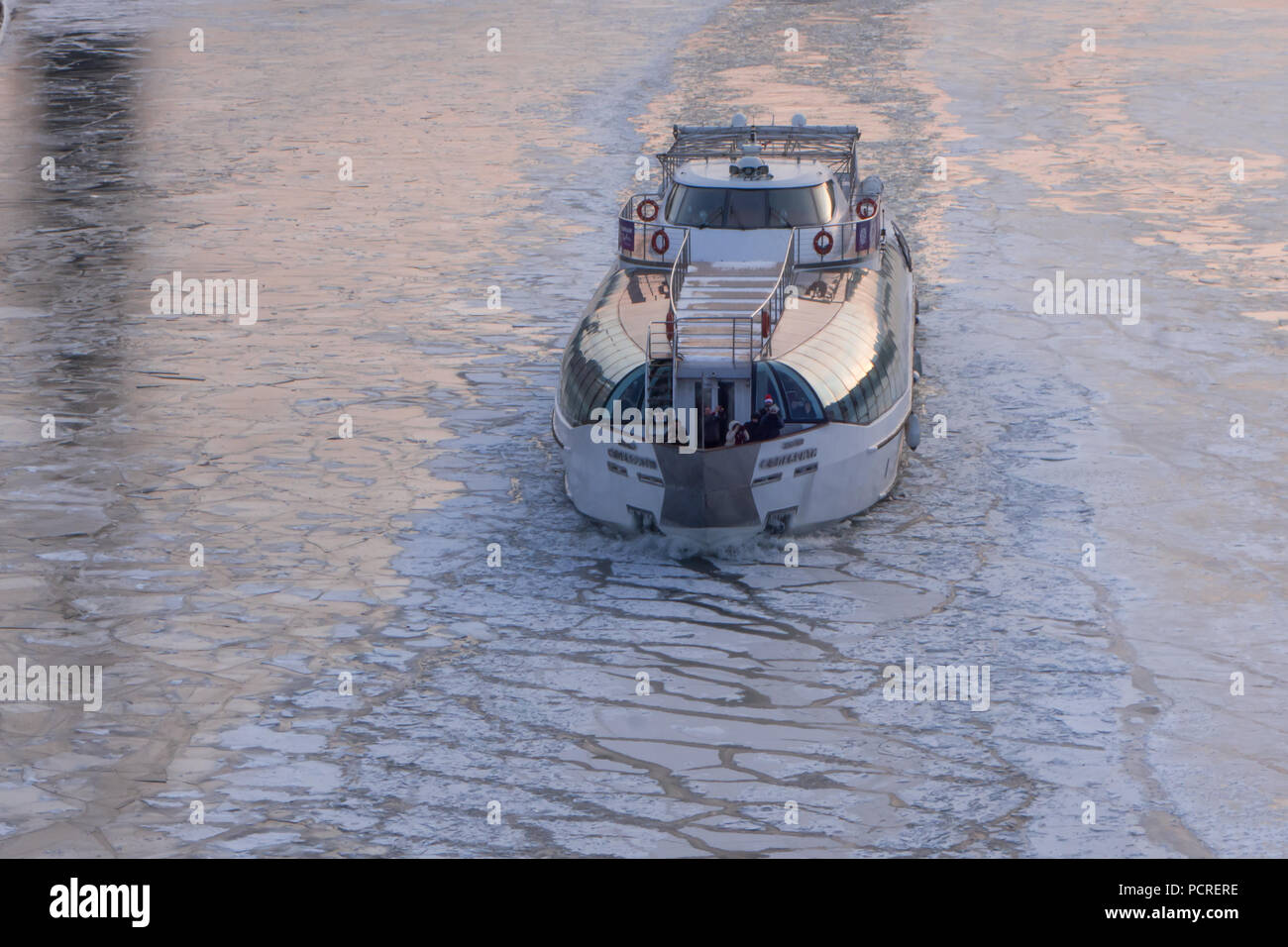 Ship breaking through the ice on the frozen Moskva river in Moscow ...