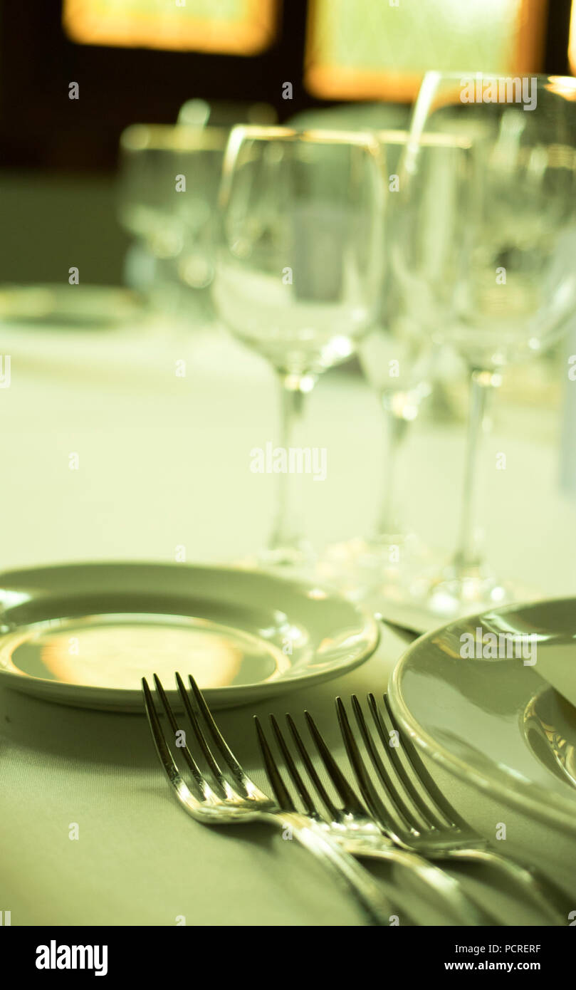 Wedding reception banquet dinner party table place settings set in ...