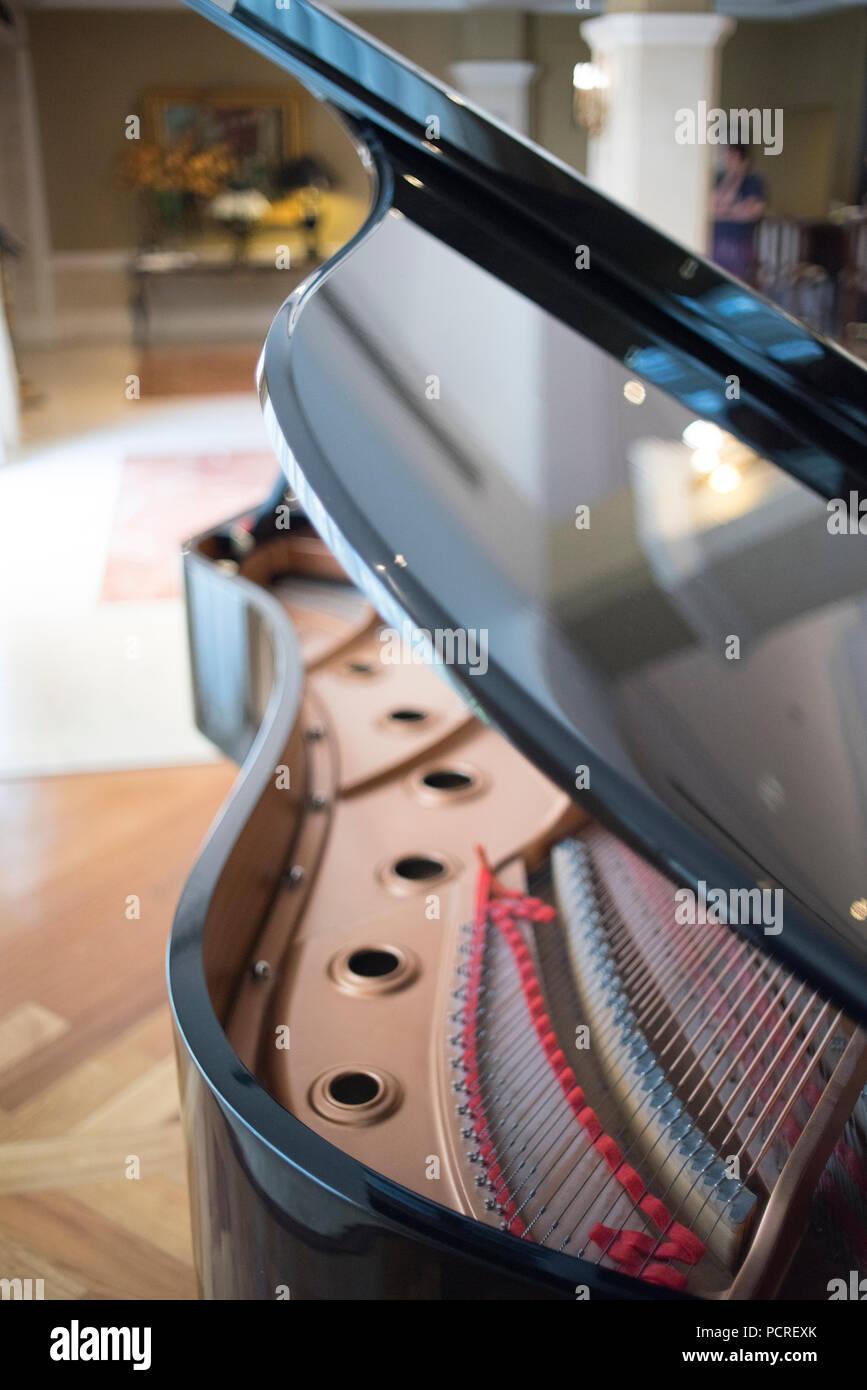 Concert hall grand piano strings ready for classical music performance ...