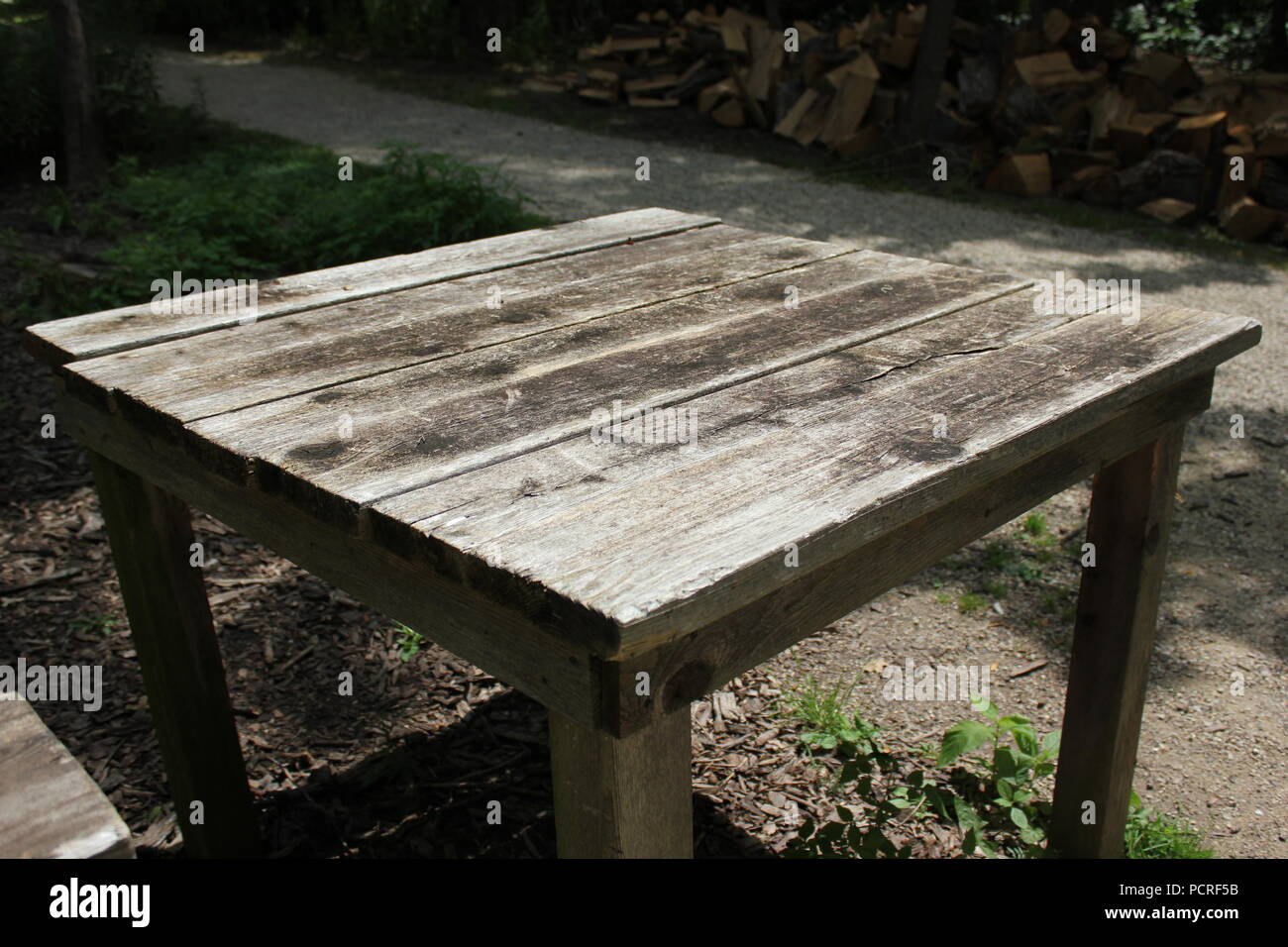 A tradiional and simple and plain wooden table as a surface for placing ...