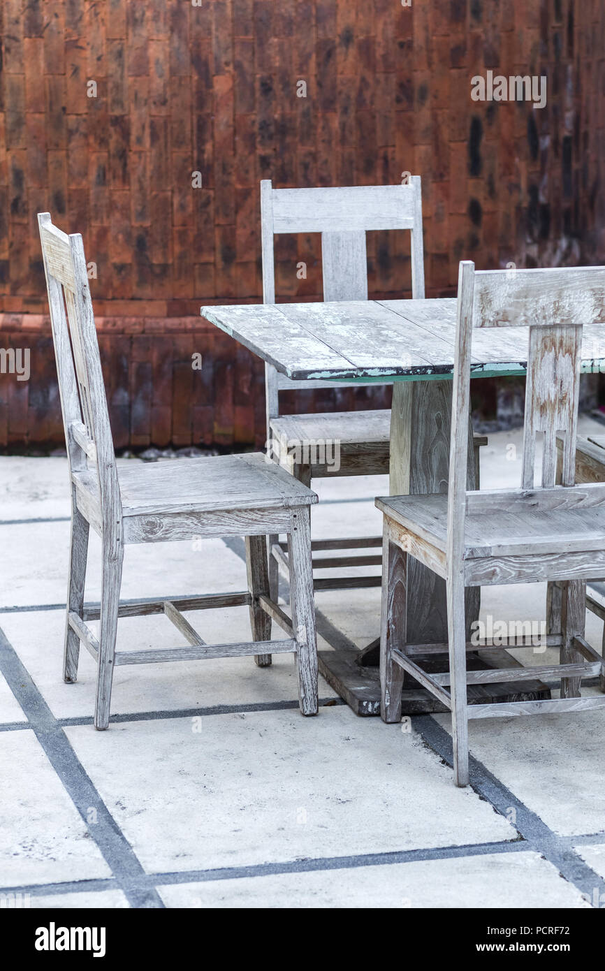 Empty wooden vintage table in morning cafe Stock Photo - Alamy