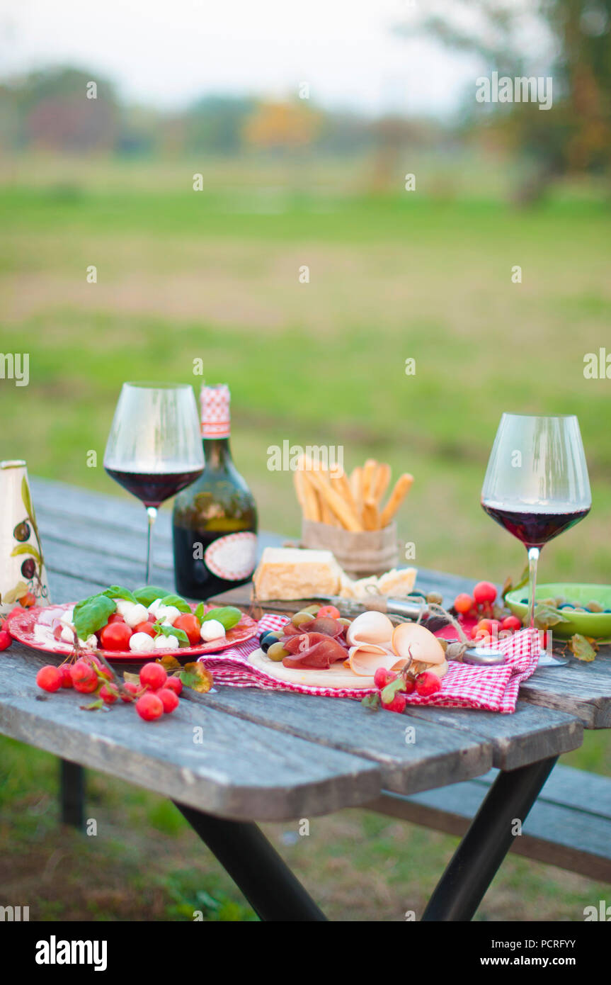 Italian picnic with red wine, parmesan, ham and olives. Lunch in the ...