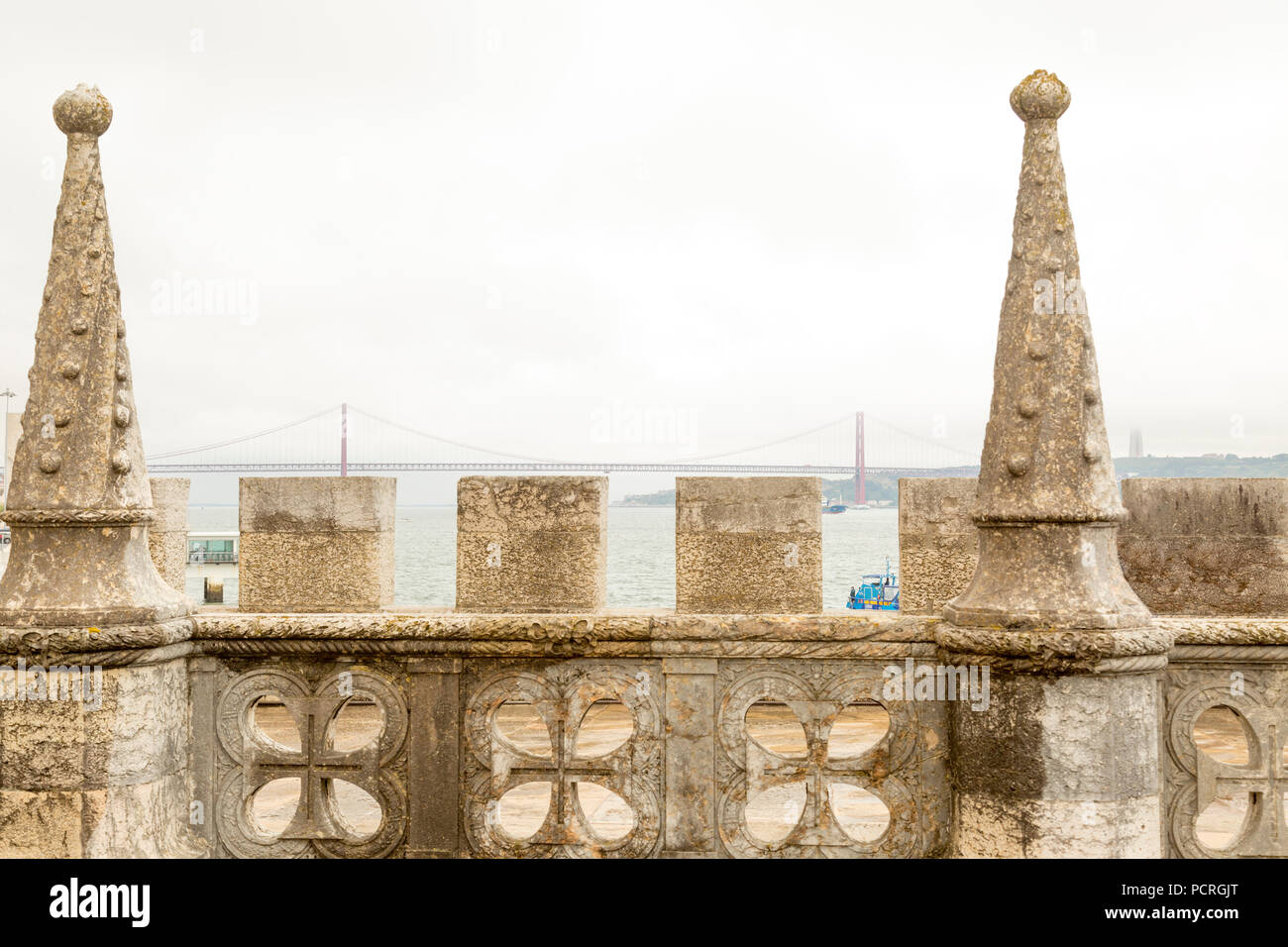 Close up of Belem Tower architectural outside details with the 25 of ...